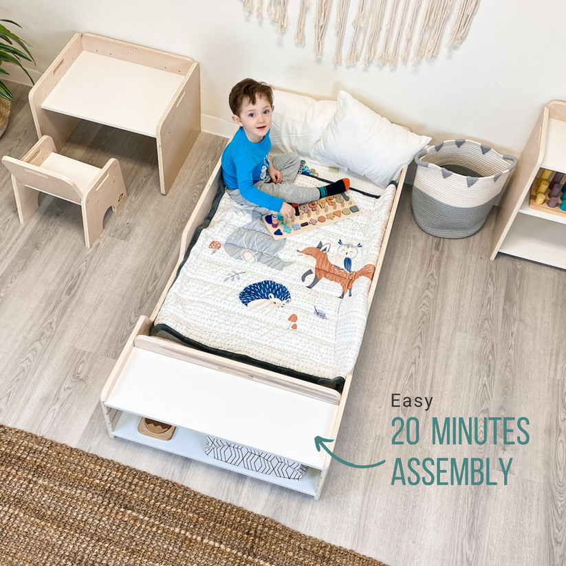 APPLE CRIB - Montessori Floor Bed with Rails & Shelves – Port Parcel Co.